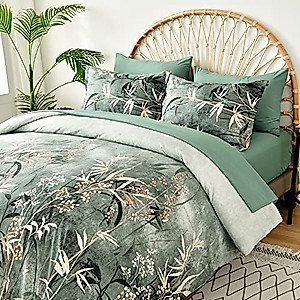 Dinjoy Botanical Comforter Set Queen 7 Pieces Bed in A Bag Dark Green Bamboo Leaves Comforter Set Soft Microfiber Queen Green Omber Comforter with Sheet (7 PCS Queen Comforter,Green)