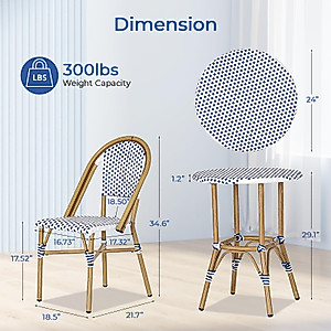 3 Piece Patio Bistro Set , French Wicker Outdoor Bistro Set with Round Table and 2 Dining Chairs , ‎Aluminum Wicker Furniture, All Weather Outdoor Patio Conversation Set for Garden Balcony Cafes Yard