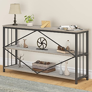 LVB Farmhouse Industrial Console Table, Wood Metal Foyer Entryway Sofa Tables with Storage, 3 Tier Long Rustic Entry Table TV Stand with Shelves for Home Living Room Hallway, Light Grey Oak, 55 Inch