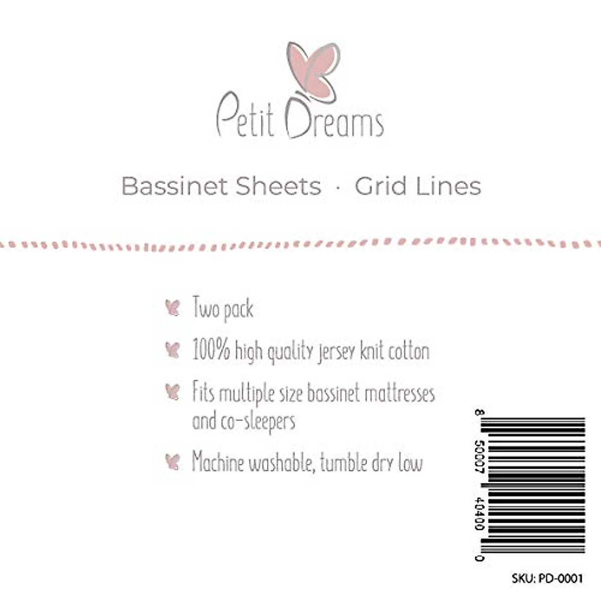 Petit Dreams Bassinet Sheet Jersey Knit Cotton for Baby Girl Flexible Fit for Multiple Size Bassinet Mattresses & Mini Co-Sleepers, Dotted Stripes & Grid Lines, (Pack of 2)