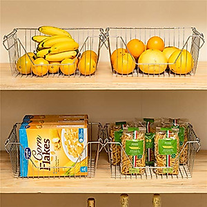 Slideep Large Stackable Storage Baskets Cabinet Organizer Sturdy Metal Wire Pantry Freezer Bin for Pantry Home Bathroom Kitchen Organization 4 Packs