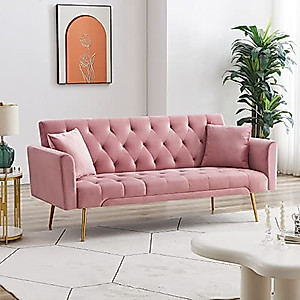 70" Convertible Loveseat Sofa Bed Sleeper Couch Daybed,Button Tufted Upholstered Folding Recliner,Small Futon Sofá,2 Seaters Couches with Metal Legs&Two Pillows for Living Room/Limited Place