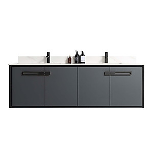 Fine Fixtures Oakville 72 in. W x 20 in. D x 33 in. H Wall Mounted Bathroom Vanity in Onix Grey with White Ceramic Sink - Black Hardware