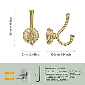 TUNNY Towel Hook Bathroom-2 Pack Champagne Gold Brushed Double Robe/Towel Hook Wall Mounted Hook for Bathroom Bedroom Kitchen