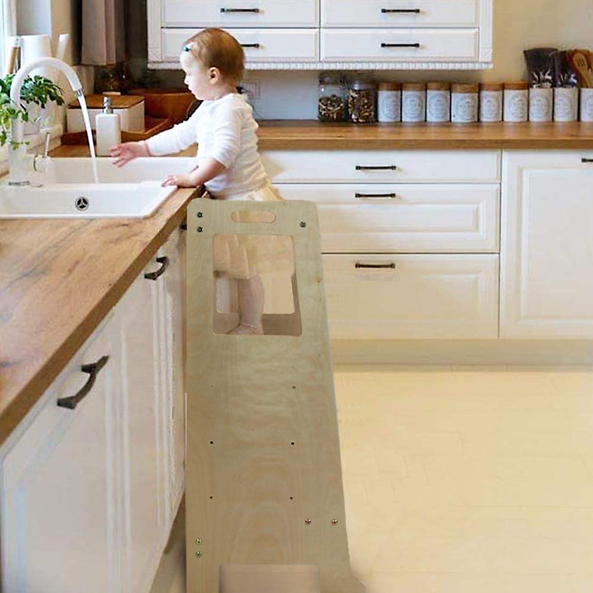 Height Adjustable Kids Kitchen Step Stool with Black and White Activity Board Learning Stool for Toddler Chef Helper Standing Tower