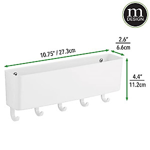 mDesign Adhesive Modern Plastic Mail Organizer Storage Basket - 5 Hooks - for Entryway, Mudroom, Hallway, Kitchen, Office - Holds Letters, Magazines, Coats, Keys - White