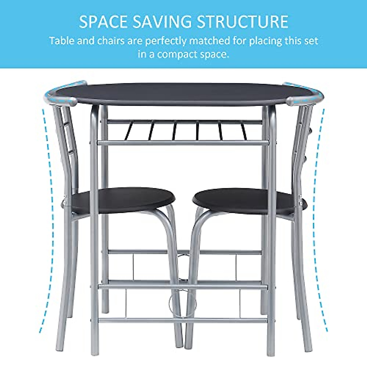 VECELO 3 Piece Wood Round Table & Chair Set for Dining Room Kitchen Bar Breakfast, with Wine Storage Rack, Space Saving, 31.5, Black