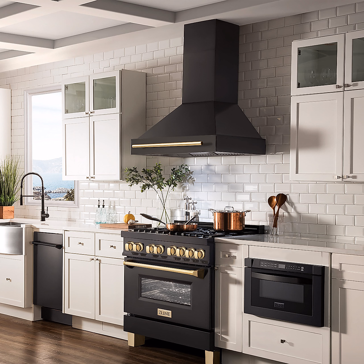 ZLINE 36" Black Stainless Steel Range Hood with Polished Gold Handle (BS655Z-36-G)