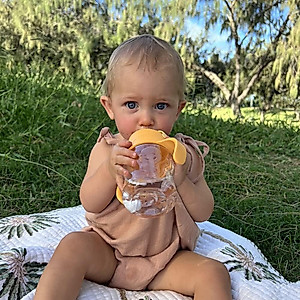 Evorie Tritan Weighted Straw Sippy Cup with Handles for Baby and Toddlers 6 months up, 7 Oz Soft Silicone Straw Infant First Training Water Bottle (Apricot)