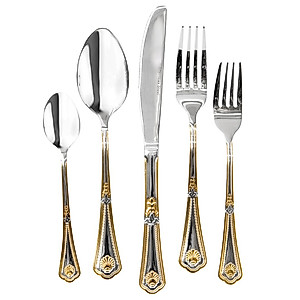 Venezia Collection "Seashell" Flatware Set 20-Piece Service for 4, 18/10 Stainless Steel Silverware Cutlery, 24K Gold Plated Trim