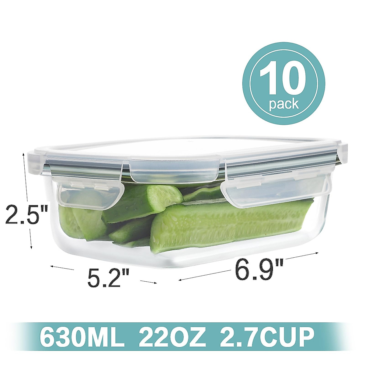 HOMBERKING 10 Pack Glass Meal Prep Containers, Glass Food Storage Containers with Lids, Airtight Glass Lunch Bento Boxes, BPA-Free & Leak Proof (10 lids & 10 Containers)