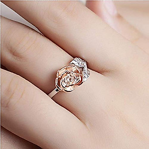 Womens Rose Flower Ring Leaf Adjustable Wrap Open Rings, Color Rose Gold/Silver