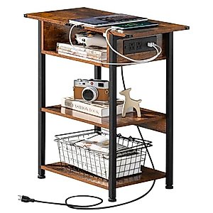 Lerliuo Side Table with Charging Station，Narrow End Table with USB Ports and Outlets,Brown Skinny Nightstand with Open Storage Shelf for Small Space，Slim Sofa Bedside Table for Living Room Bedroom