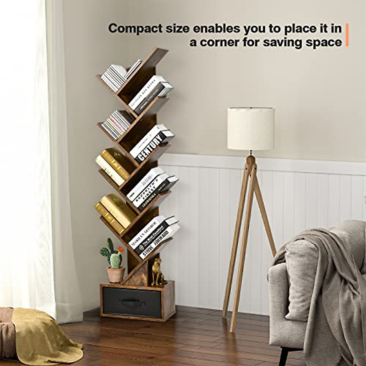 Tangkula 10 Tier Tree Bookshelf with Drawer, Floor Standing Storage Rack for CDs, Movies & Books, Display Utility Organizer Shelves for Bedroom, Living Room & Home Office (Rustic Brown)