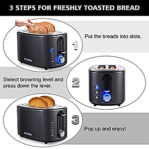 Toaster 2 Slice KETIAN Retro Bagel Toaster 1.5’’ Extra Wide Slot, 6 Toast Settings Cancel Reheat Bagel Defrost Functions, Removable Crumb Tray, 800W, Black