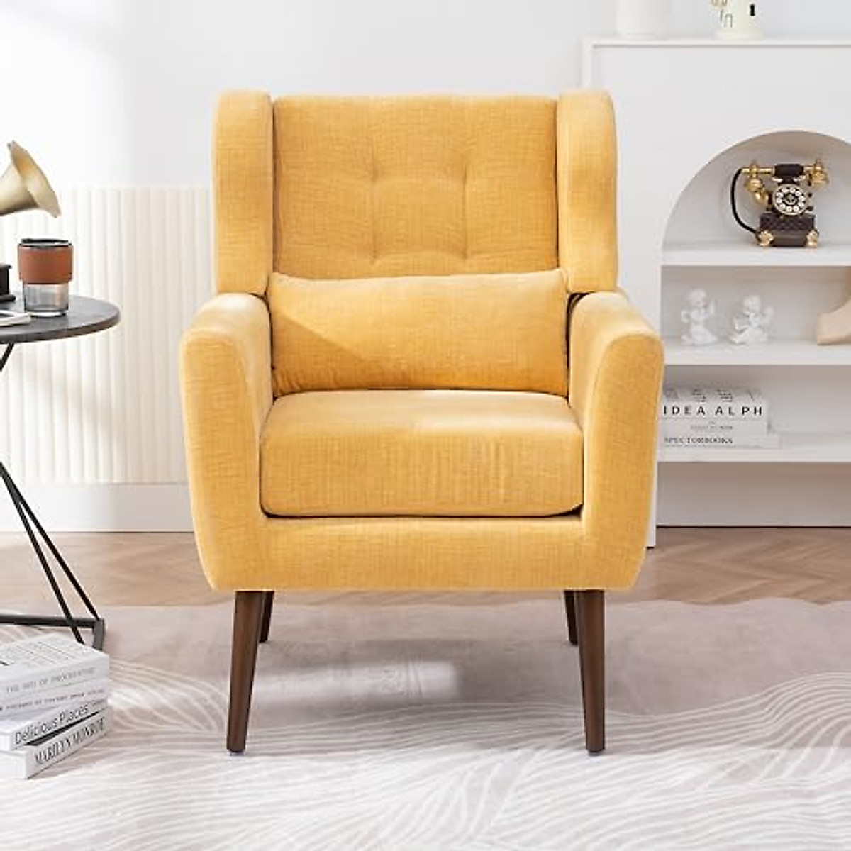 HBRR Mid Century Modern Accent Chair, Upholstered Button Tufted Single Armchair with Tapered Wood Legs, Chenille Fabric Reading Sofa for Bedroom, Living Room, Yellow