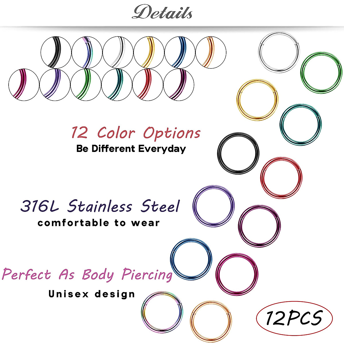 Drperfect 12 Pcs Septum Rings 316L Stainless Steel Cartilage Hoop Earrings Hinged Segment Clicker Septum Nose Rings Hoop Helix Daith Tragus Earrings Body Piercing for Women Men 16G 18G