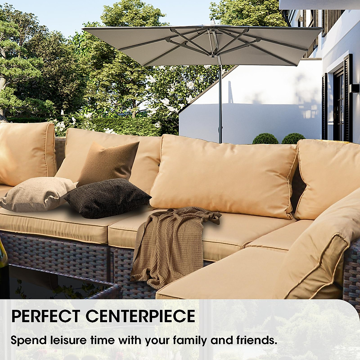 Grezone Patio Furniture Sets 7 Pieces with Fire Pit Table Patio Sectional Outdoor Furniture Patio Sofa Chairs Set PE Rattan Wicker Couch Conversation Set with No-Slip Cushions Waterproof Covers Beige