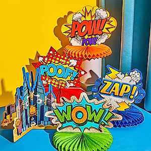 10 Pieces Hero Themed Party Decorations Honeycomb Centerpieces Action Sign Table Topper Sign Standing Cards for Birthday Party Baby Shower Decor Supplies