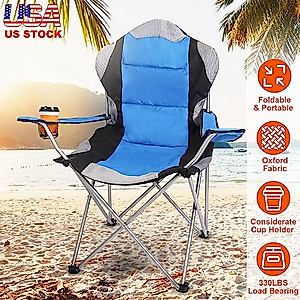 TeqHome Oversized Folding Camping Chair, Heavy Duty High Back Padded Arm Chair Support 330 LBS with Cup Holder, Outdoor Portable Lawn Chair Collapsible Quad Lumbar Back Chair for Sports Fishing Yard