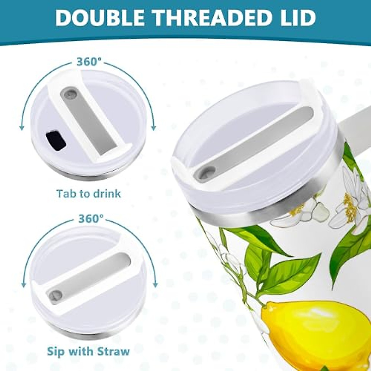 RPLIFE Bright Yellow Lemons White 40 Oz Tumbler, Stainless Steel Tumbler with Straw, Tumblers for Women