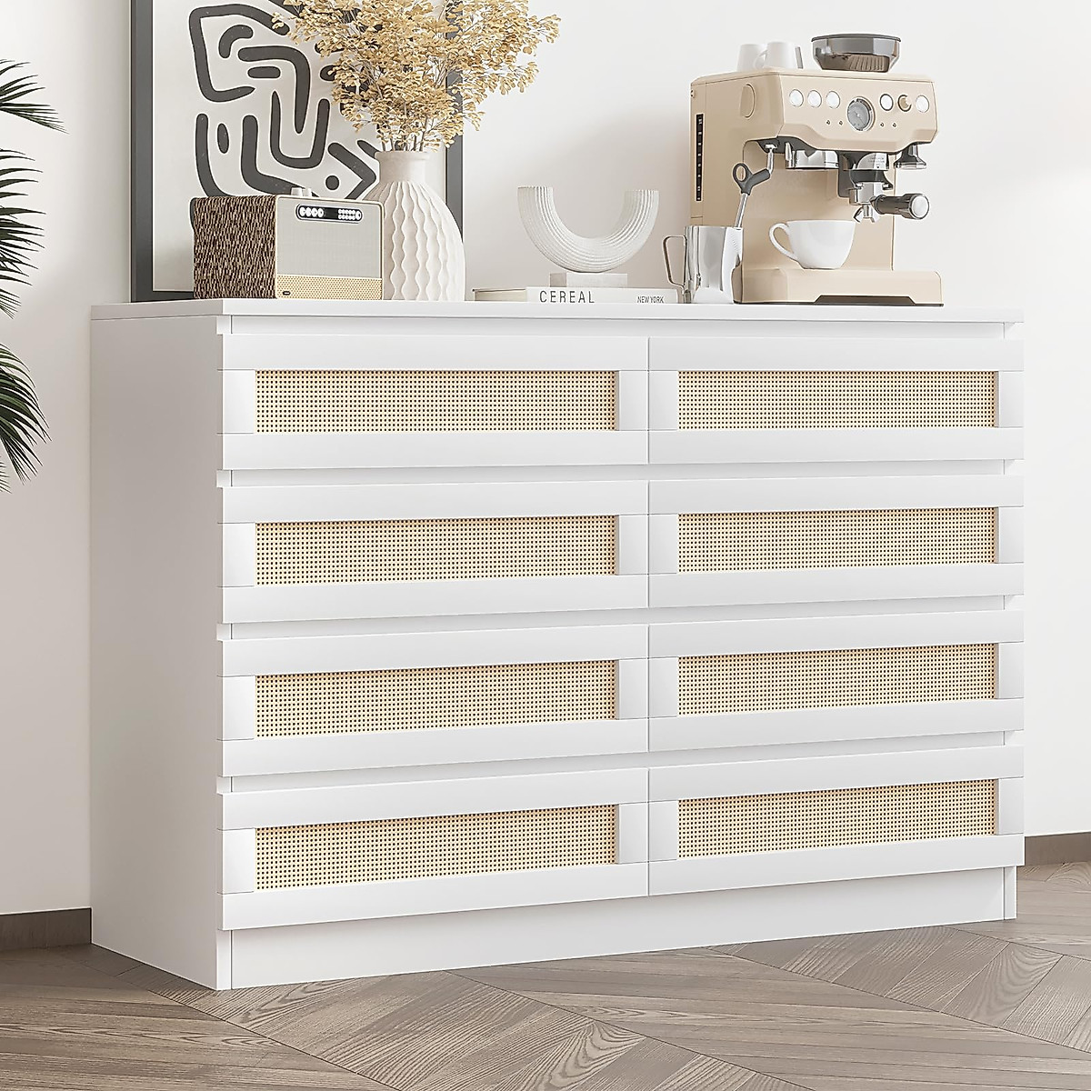 Patikuin 8 Drawer Double Dresser for Bedroom, Rattan Chest of Dressers, Modern Wooden Dresser Chest, Beside Table for Closet, Nursery, Living Room and Entryway, White