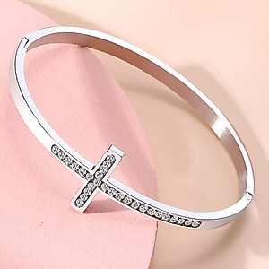 Jude Jewelers Stainless Steel Sideways Cross Christian Religious Bangle Bracelet (Silver)