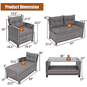 Tangkula 4 Pieces Rattan Conversation Set, Patiojoy Outdoor Furniture Set with Cushions, Lounge Sofa Set with Coffee Table, Patio Sectional Sofa Set for Patio Garden Poolside Backyard (Gray)