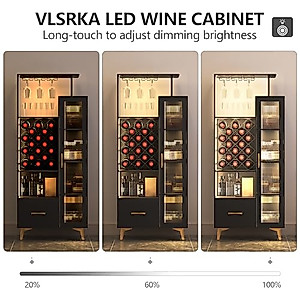Vlsrka LED Liquor Wine Cabinet, Wine Bar Cabinet with USB Port, Bar Cabinets for 18 Bottle Wine Rack and 3 Glass Holder, Tall Sideboard Buffet Storage Cabinet for Living, Dining Room, Black