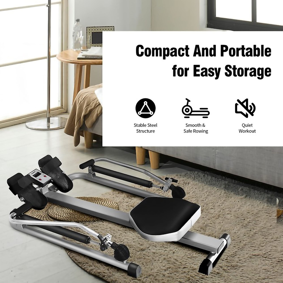Health & Fitness Dual Function Magnetic Rowing Machine w/Digital Monitor, Multi-Exercise Step PlatesHome Use - Folding,for Cardio Exercise, Soft Seat