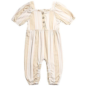 Jessica Simpson Baby Girls' Romper - One Piece Short Sleeve Jumpsuit for Baby Girls with Headband (Infant Sizes: 0-24M), Size 6-9 Months, Yellow Stripe