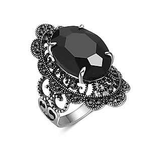 Aprilery Black Retro Marcasite Rings for Women, Fashion Cocktail Statement Rings Costume Vintage Crystal Big Onyx Stone Rings Jewelry for Her