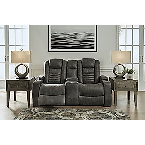 Signature Design by Ashley Soundcheck Contemporary Faux Leather Tufted Power Reclining Loveseat with Control and Adjustable Headrest, Gray