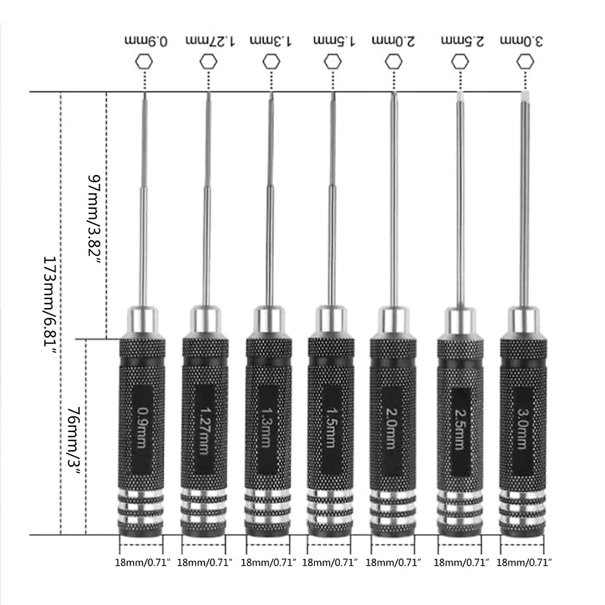7pcs Hex Allen Screwdriver Kit 0.9mm 1.27mm 1.3mm 1.5mm 2.0mm 2.5mm 3.0mm Key Driver Repair Tools for Rc Model Car Helicopter Boat Spare Tool Parts (Silver Tips)