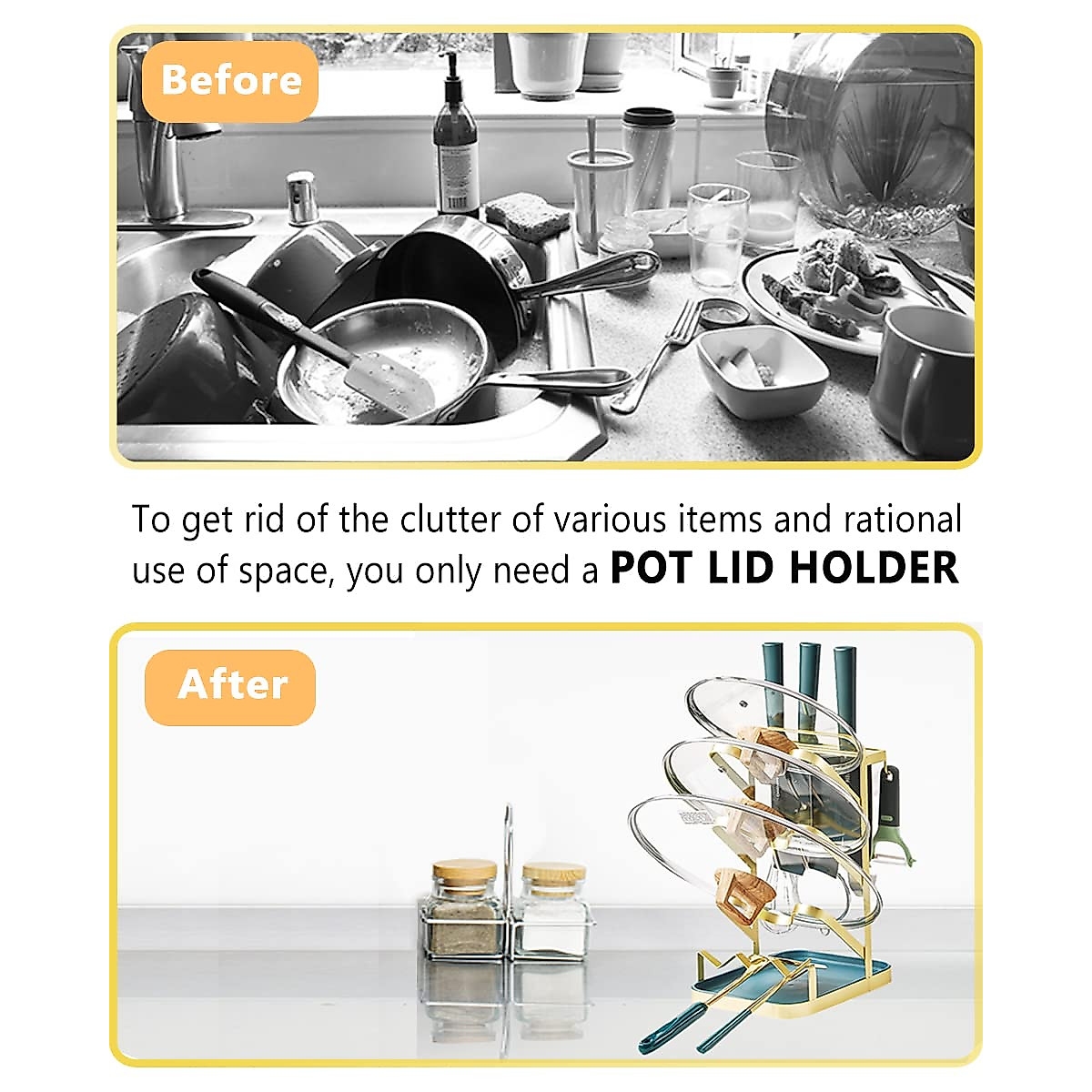 Pot Lid Organizer Rack, Pot Lid Holder for Cabinet and Counter, Kitchen Lid and Spoon Holder with Drip Tray (Gold)