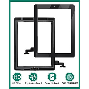 SRJTEK for iPad 2 Touch Screen Replacement A1397 A1395 A1396 Touch Digitizer Glass Parts,with Home Button + Cameral Holder + Pre-Installed Adhesive + Middle Frame Bezel(Black)
