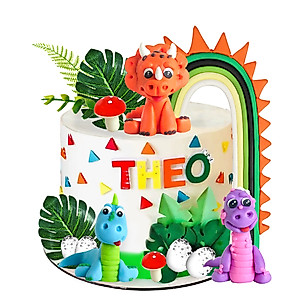 Dinosaur Cake Toppers Rainbow Cake Topper Dinosaur Eggs Leaves Baby Dinosaur Figurines Jungle Safari Cake Decoration for Birthday Baby Shower Party Supplies (Clay Dino)