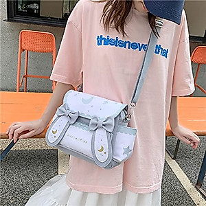 Aktudy Kawaii Japanese Anime Nylon Shoulder Bag, Students Moon Star Printed Sweet Bow Tie Ear Crossbody Handbags Satchel
