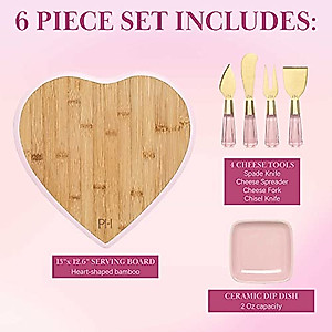 Paris Hilton Charcuterie Board and Serving Set, Bamboo Serving Board, Ceramic Dish, Cheese Utensils with Titanium Coated Blades, 6-Piece Set, Pink
