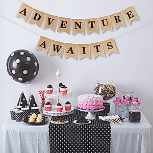 LINGTEER Adventure Awaits Burlap Banner Bunting Bon Voyage Travel Retirement Graduations Wedding Party Pennant Decorations Supplies - [Pre Strung].