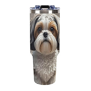 DWVSFJM Shih Tzu Dog Insulated Tumbler 40 Oz Stainless Steel Double Wall Vacuum Travel Mug Large Capacity Car Cup Reusable Coffee Cup with Handle And Straw Lid Gifts Black