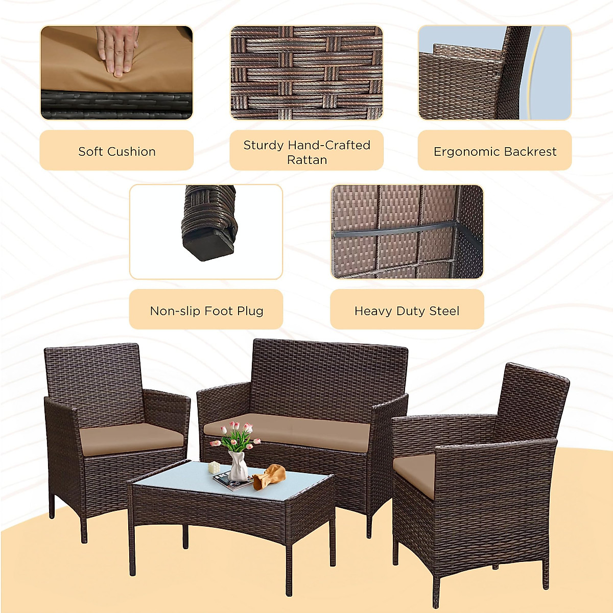 PROHIKER 4 Piece Outdoor Wicker Patio Conversation Furniture Set, Rattan Chair Wicker Sofa Garden Conversation Sets with Cushion and Glass Table for Yard Pool or Backyard, Brown/Khaki