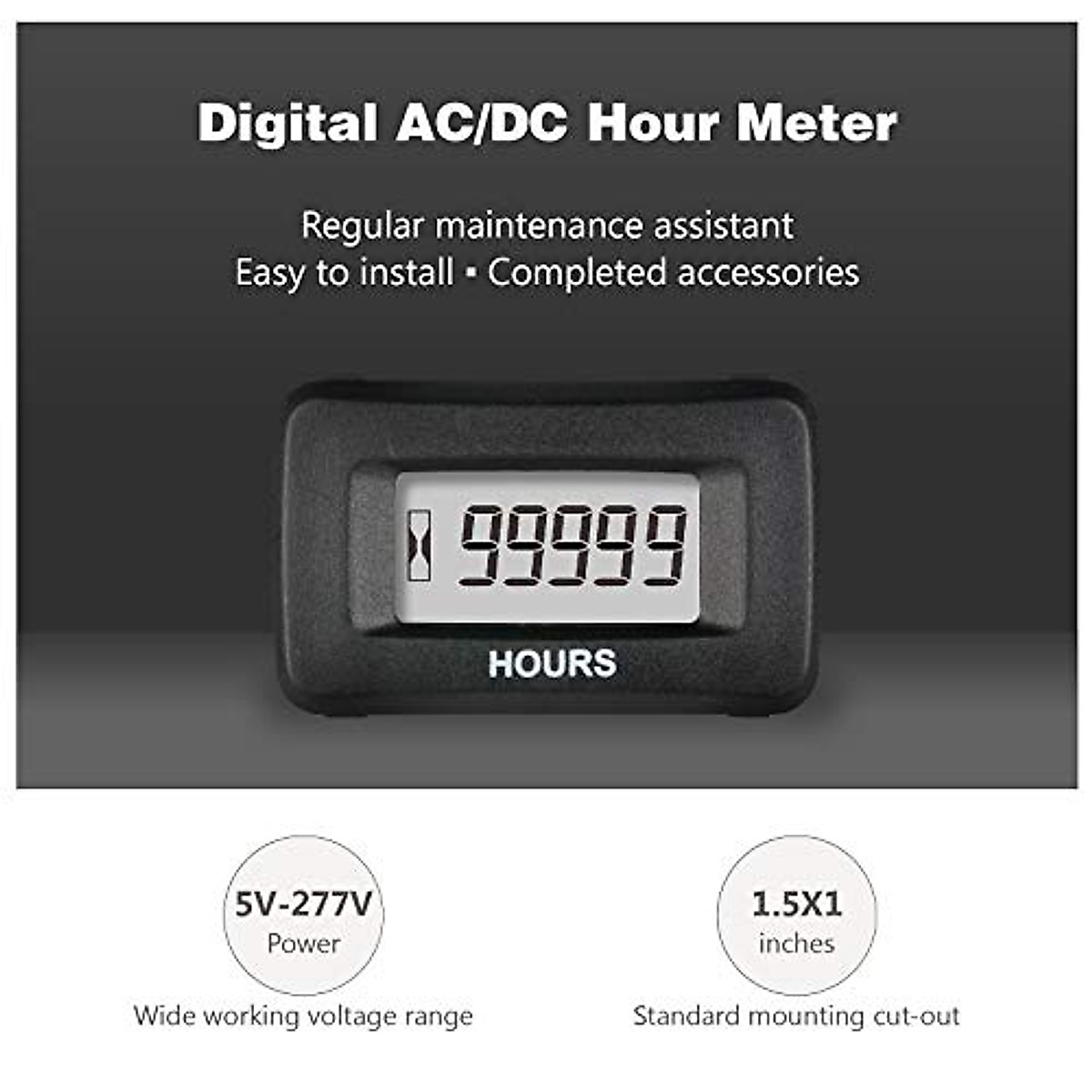 HonorMeet Digital LCD Maintenance Hour Meter for Lawn Mower, Volt.AC/DC 5V to 277V,Operating Hours Counter for Gas/Diesel Powered Garden Tractor Alternator Compressor ATV Boat Golf Cart Forklift (REC)