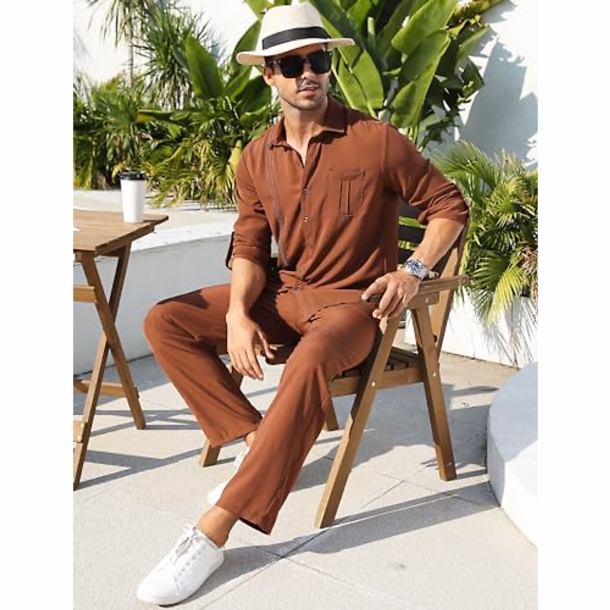 HANXMEN Men 2 Piece Linen Set Long Sleeve Button Down Cuban Shirt Casual Loose Pants Beach Vacation Outfits With Pocket,Brown,L