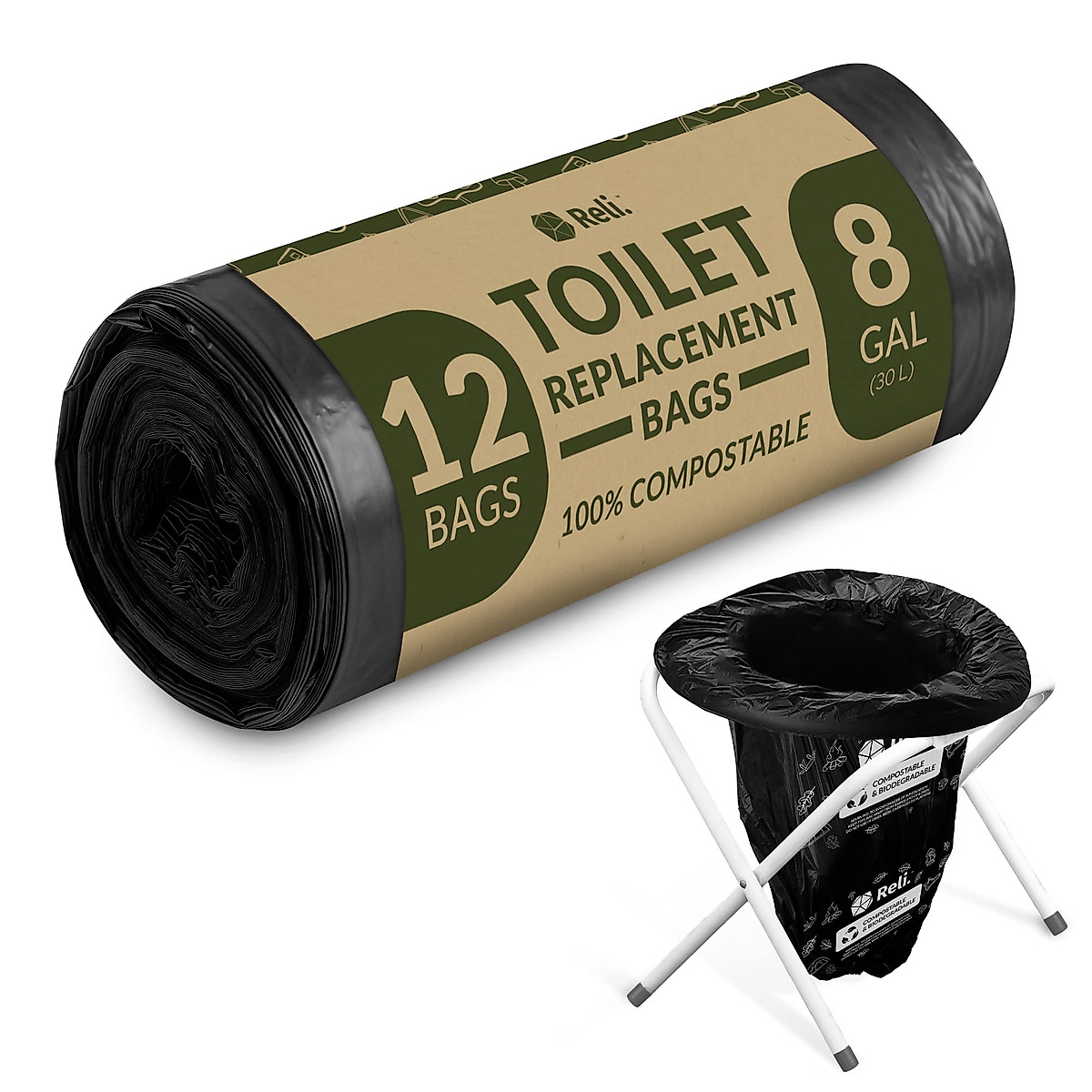 Reli. (12 Count) Portable Toilet Bags Compostable (8 Gallon - 1 Mil Thick) | Camping Toilet Bags | ASTM D6400 | Use for Portable Commode, Camp, Travel, Hiking (Black)