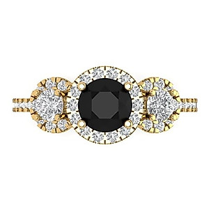 1.75ct Round Cut Halo Solitaire 3 stone Natural Black Onyx Engagement Promise Anniversary Bridal Ring 18K Yellow Gold 3.5