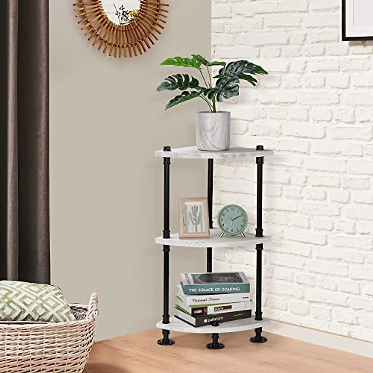 BTY Small Corner Shelf 3 Tier Free Standing Corner Display Rack Wood Corner Storage Stand Shelves for Bedroom Bathroom Small Place (Grey White)