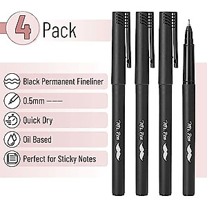 Mr. Pen- Black Fineliner Pens, 4 Pack, 0.5mm Fine Point Pens,Marker Pen for Transparent Sticky Notes, Fine Tip Markers, Fine Line Markers, Drawing Pen, Art Pens, Writing Pens
