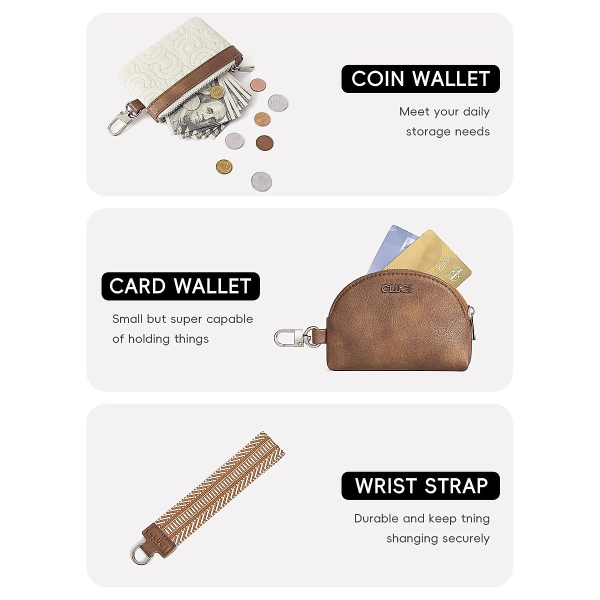 CLUCI Dual Pouch Wristlet Wallet Detachable Leather Keychain Wallet for Women Clutch Zipper Coin Purse Beige With Brown