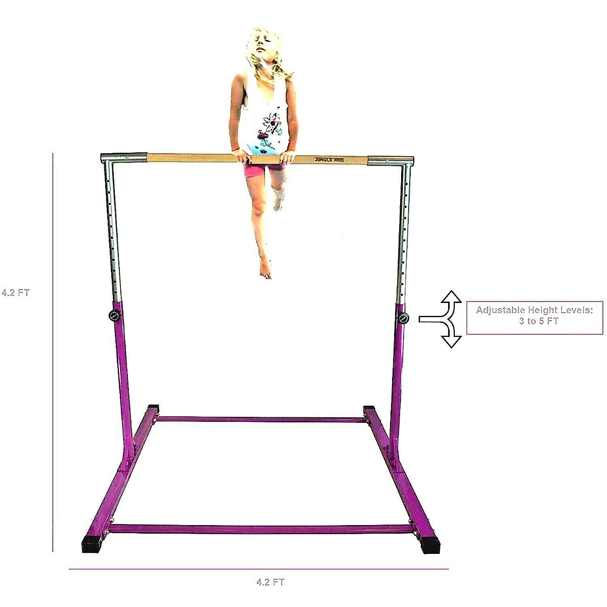 Kids Expandable Kip Bar with Tumble Mat Professional Pink Horizontal Gymnastics Asymmetric Bar 4x8 FT Mat Jungle Gym Height Adjustable 3 to 5 FT Purple Mat